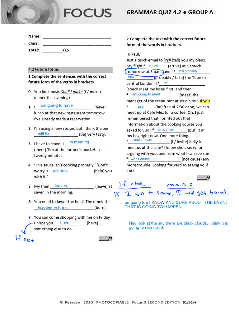 Focus3 2E Grammar Quiz Unit4 2 GroupA | PDF | Linguistics