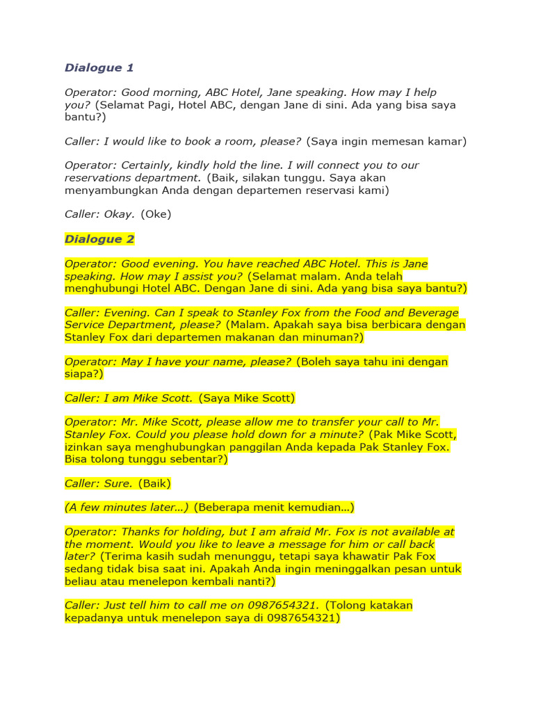 Dialogue Telephone Operator | PDF