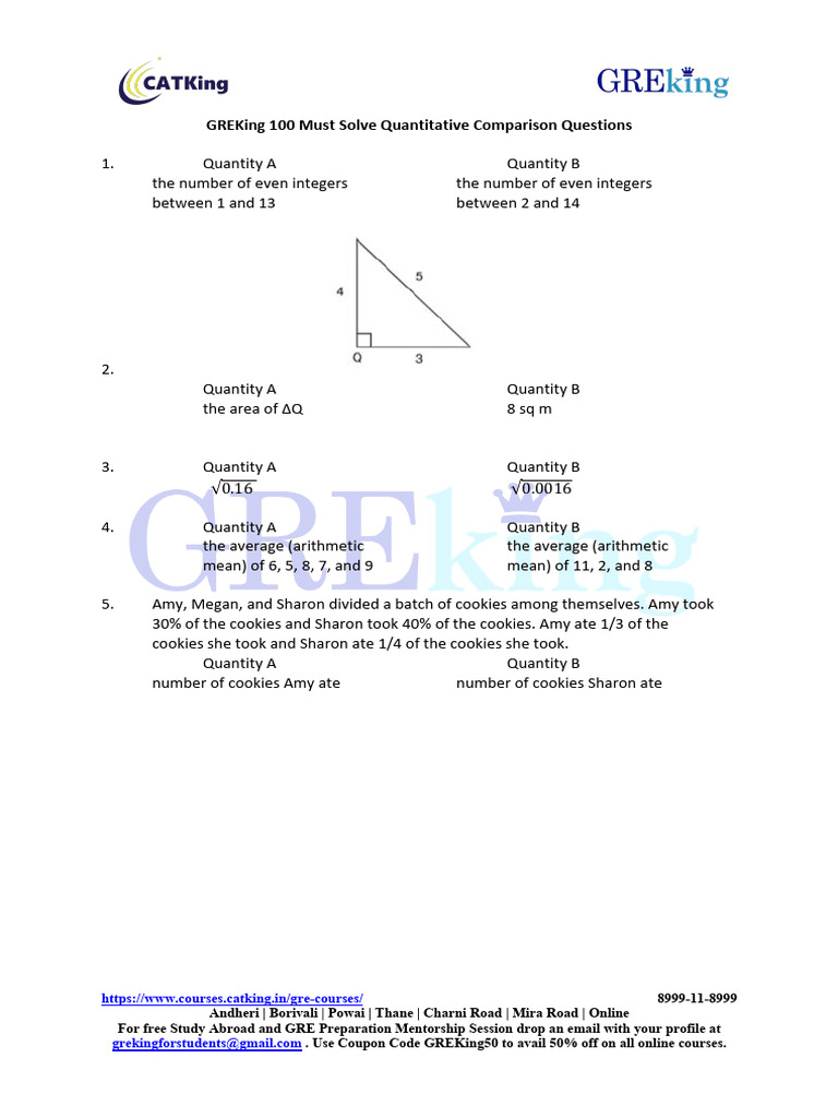 GREKing 100 Must Solve Quantitative Comparison Questions | PDF