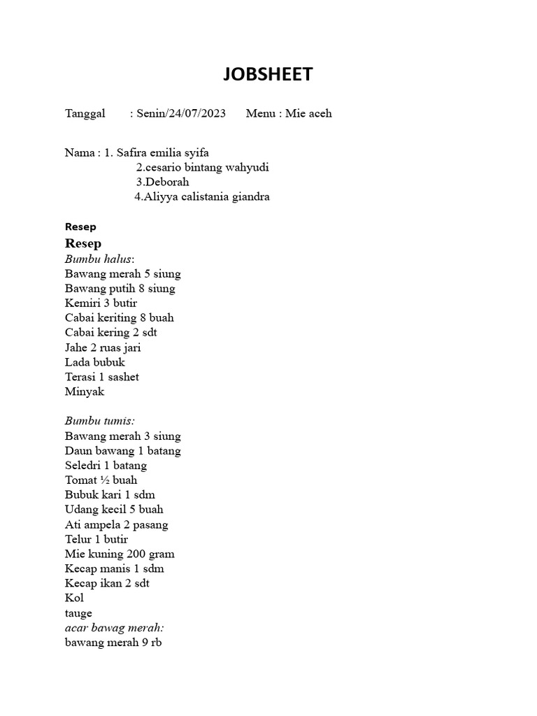Job Sheet Mie Aceh 1 | PDF