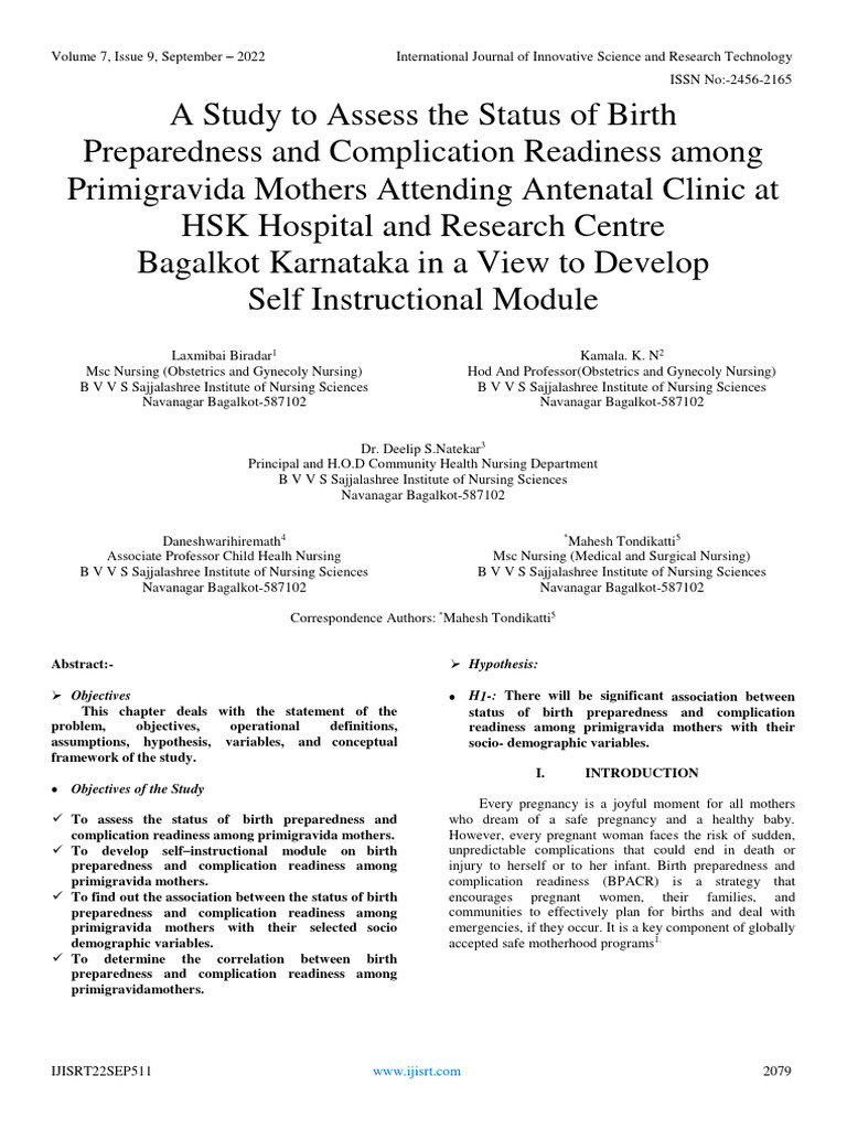 A Study to Assess the Status of Birth Preparedness and Complication ...