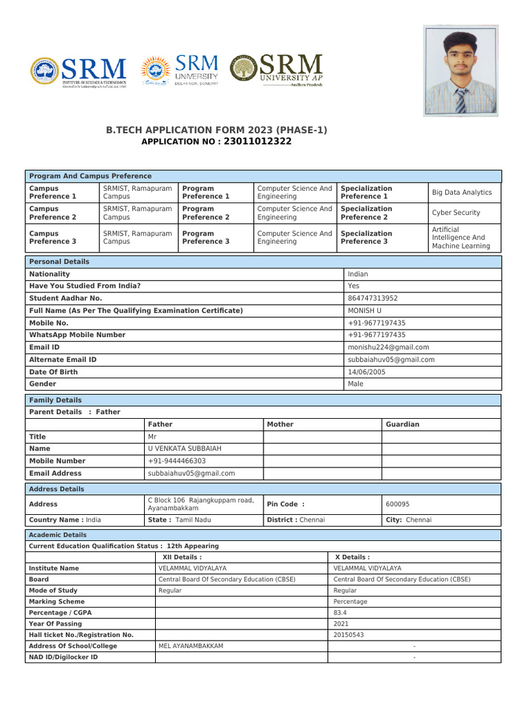 B.Tech Application Form 2023 Phase-1 | PDF