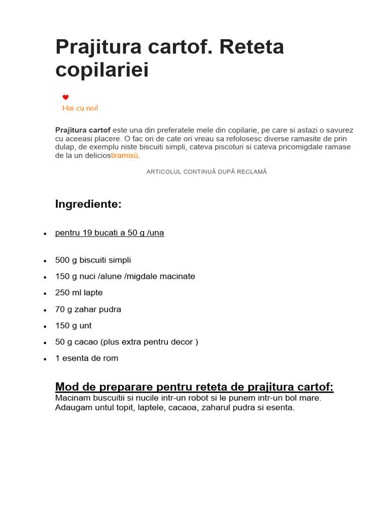 Prajitura Cartof. Reteta Copilariei | PDF