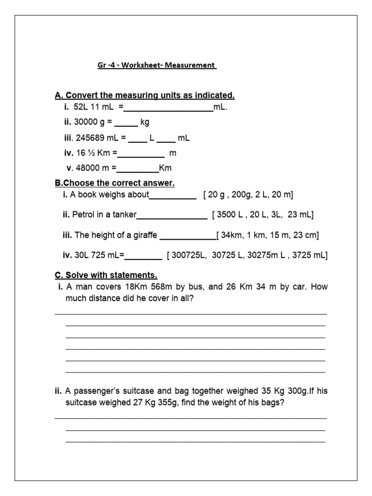 Measurement Gr4 Worksheet | PDF