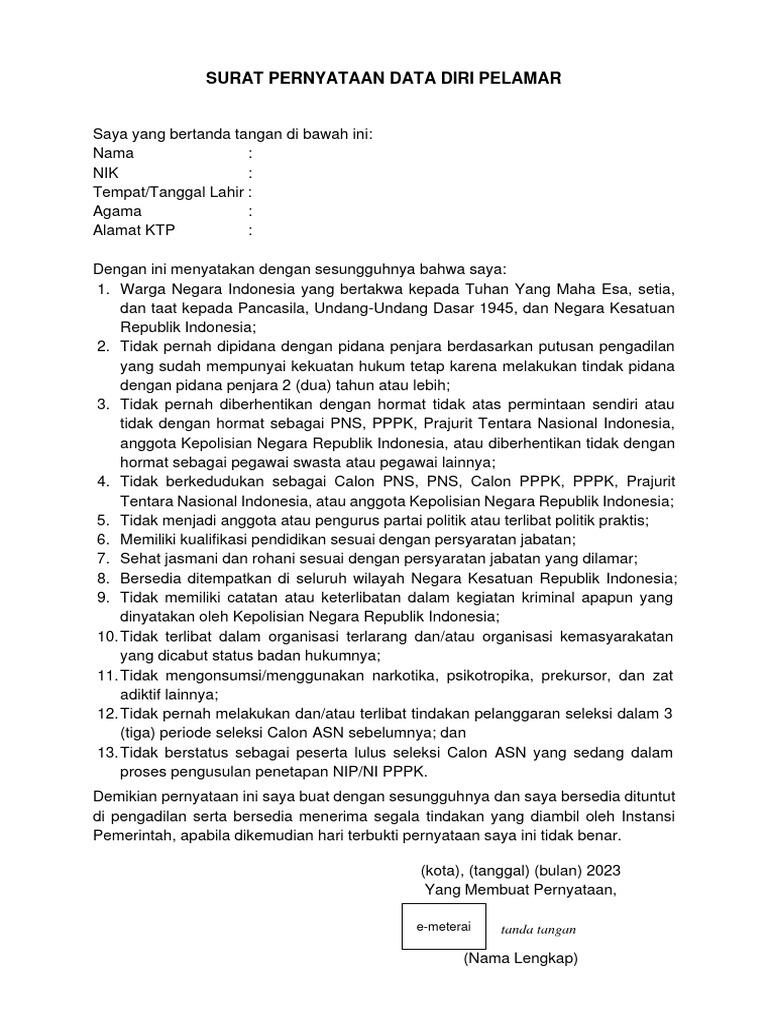 SURAT PERNYATAAN DATA DIRI PELAMAR | PDF