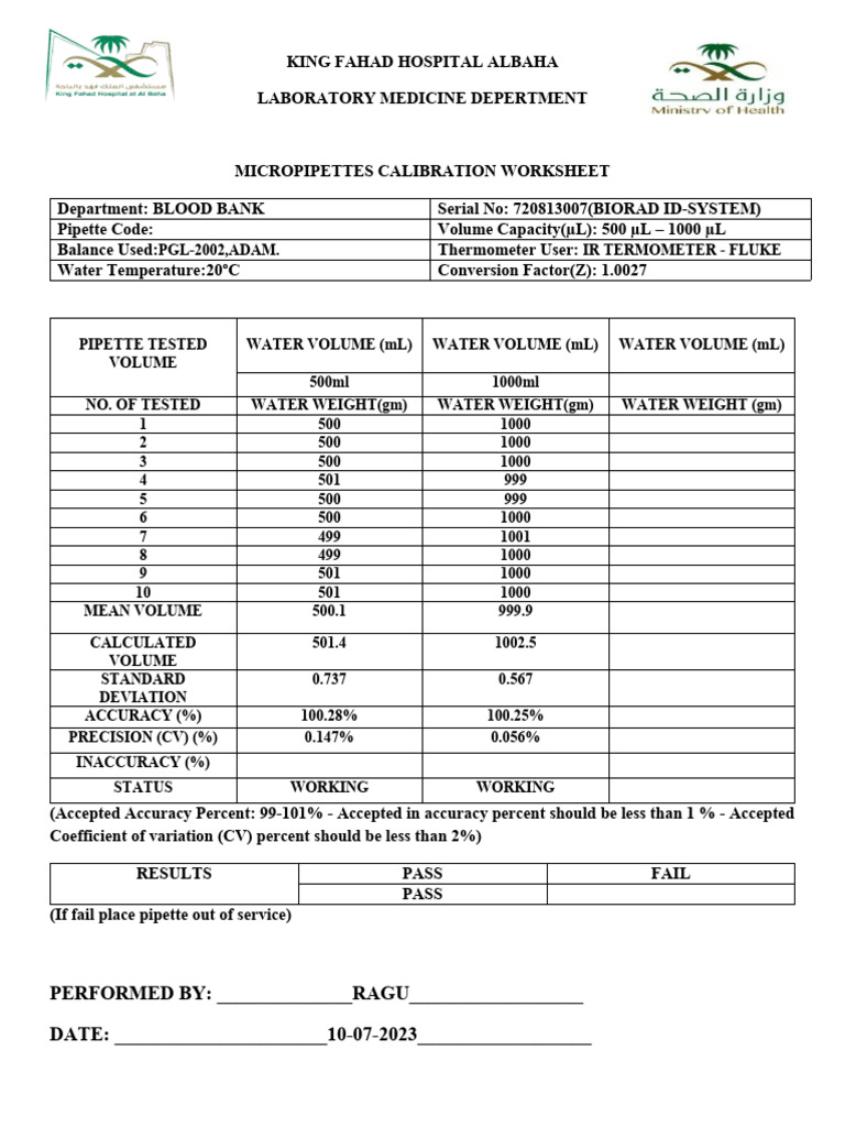 Pipette Calibration BIORAD ID SYSTEM 10-07-2023 | PDF