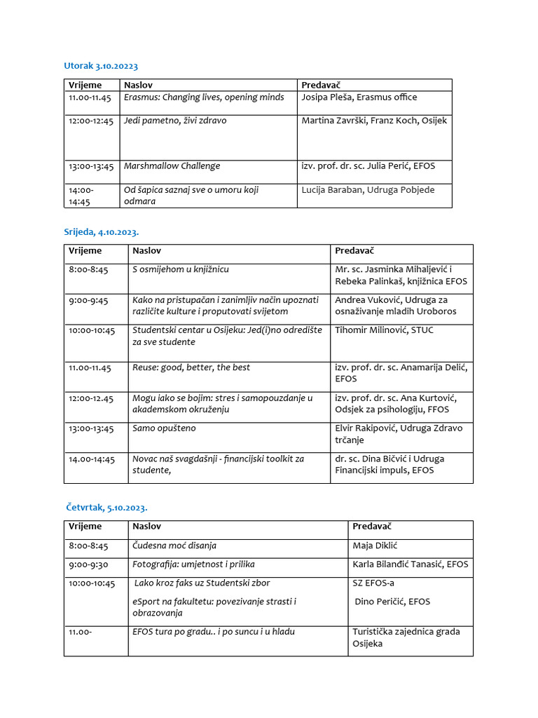 (Tje) Dan Brucoša EFOS 2023 - Raspored | PDF