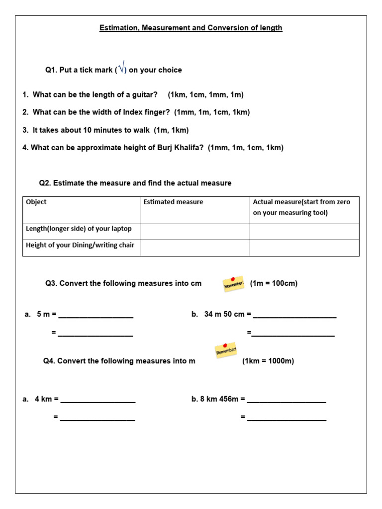 Estimation and Conversion of Length Worksheet | PDF | Teaching Methods ...