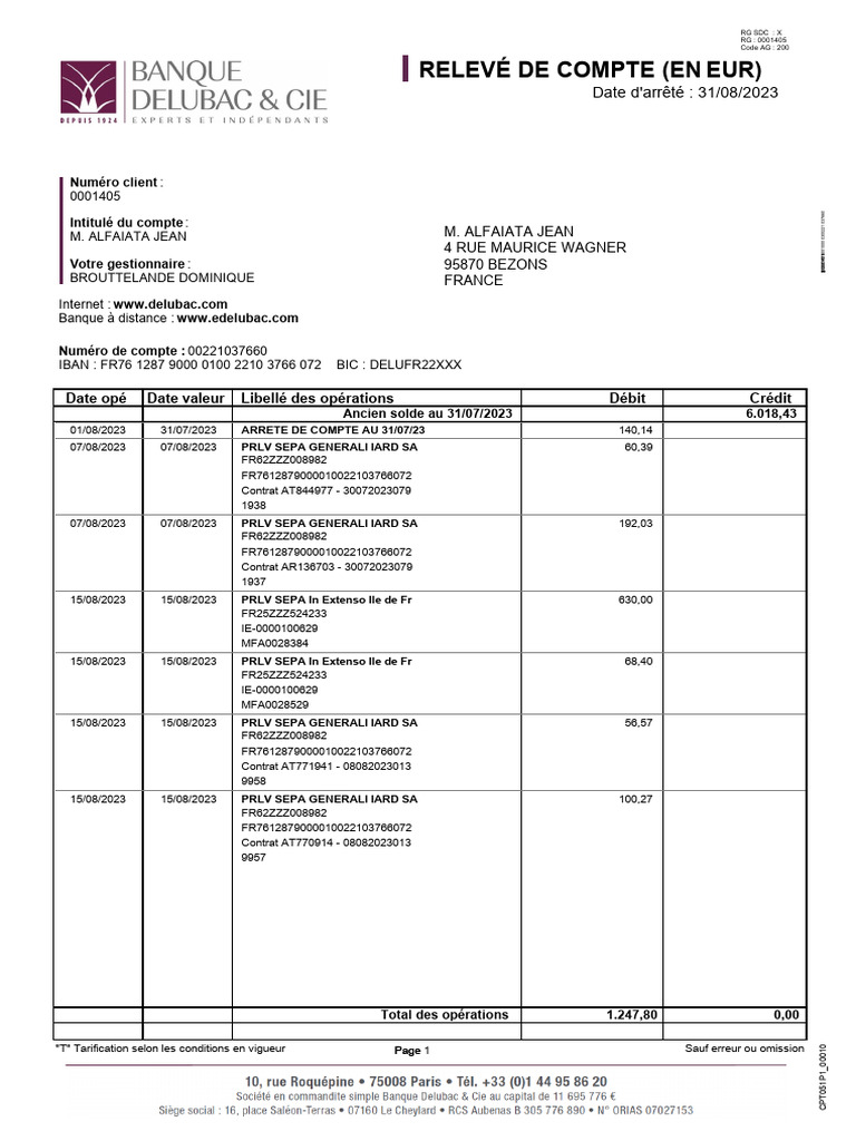 Relevé de Compte (En Eur) : M. Alfaiata Jean 4 Rue Maurice Wagner 95870 BEZONS France | PDF