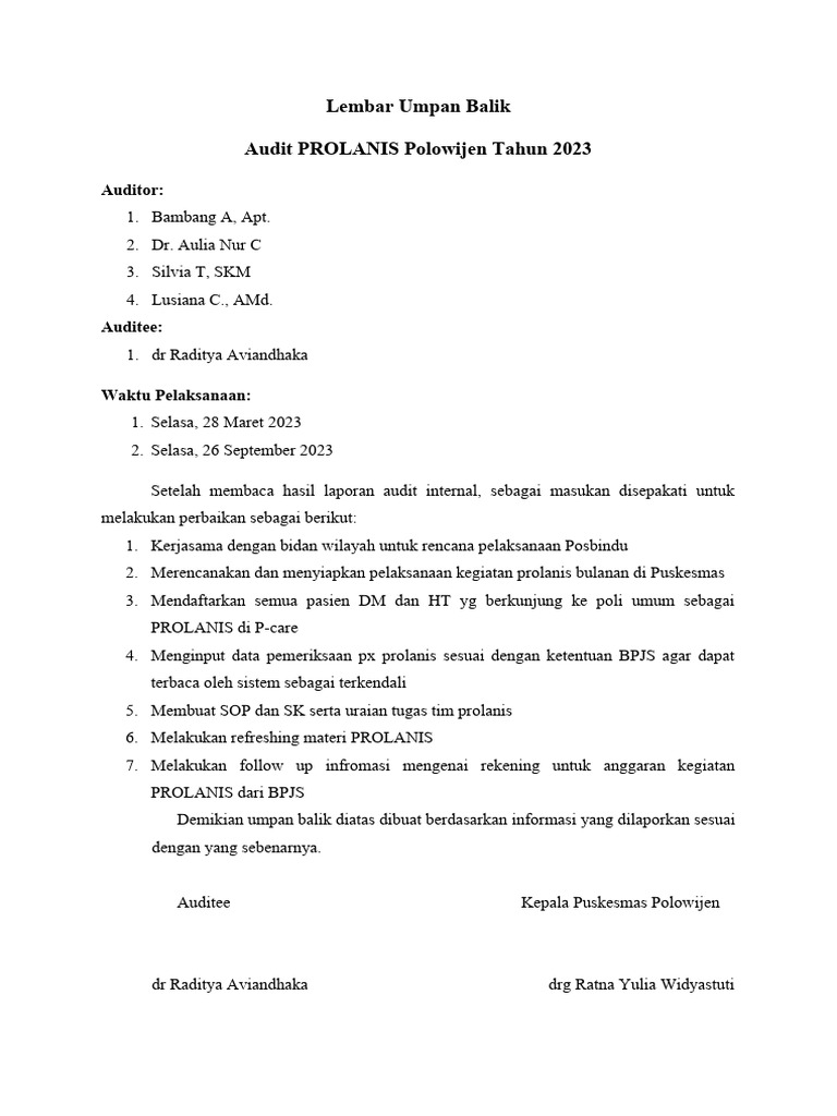 Umpan Balik Audit Prolanis | PDF