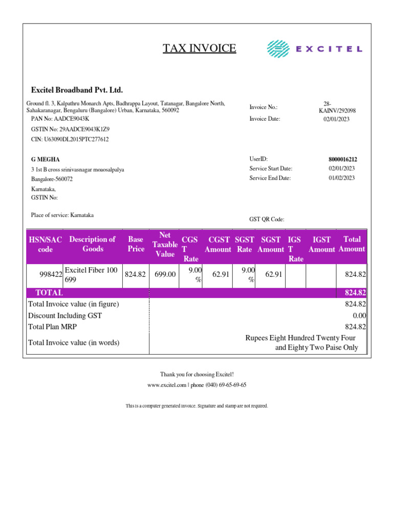 Tax Invoice: Excitel Broadband Pvt. LTD | PDF | Governance | Public Law