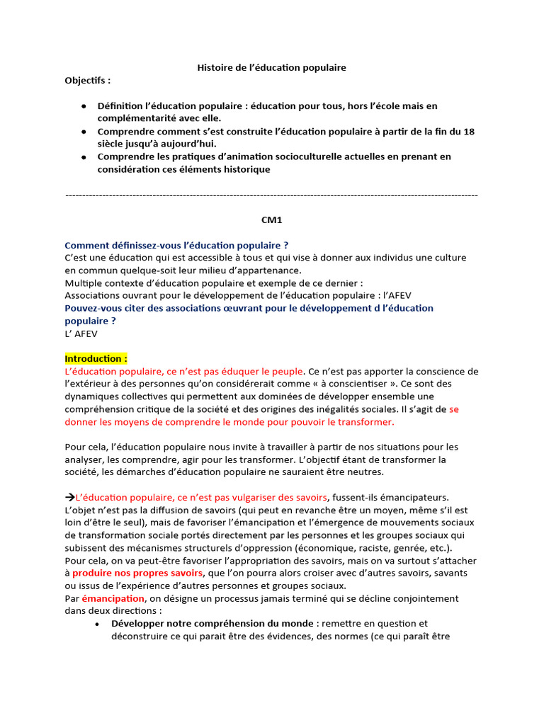 CM - Histoire de L'éducation Populaire | PDF