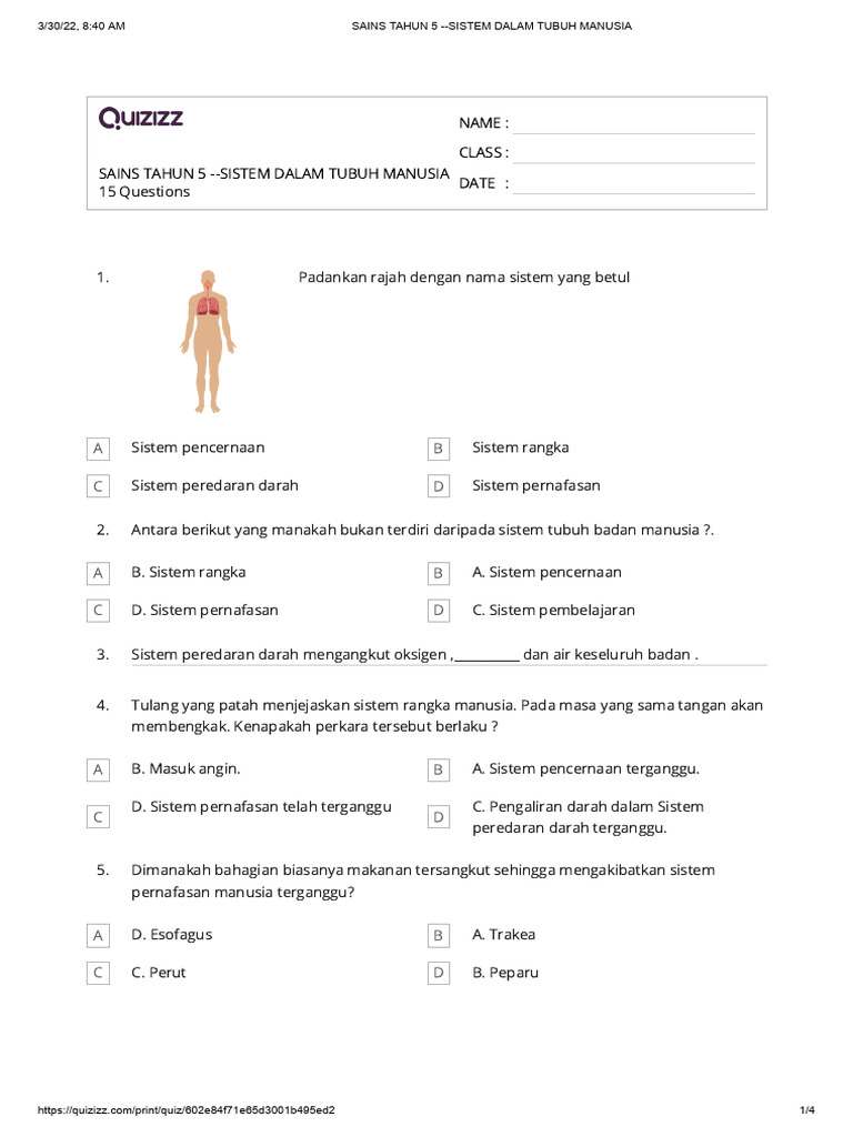 Sains Tahun 5 - Sistem Dalam Tubuh Manusia | PDF