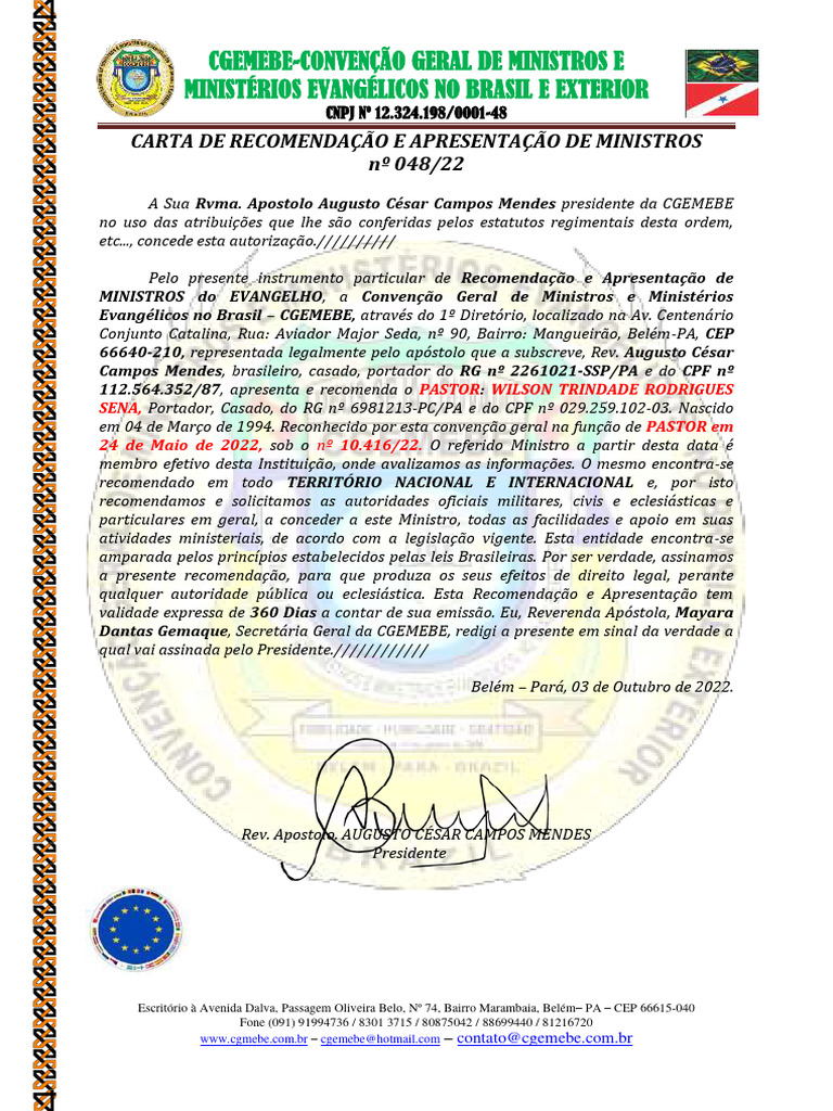 Carta de Rec.048.2022 - PASTOR - WILSON TRINDADE RODRIGUES SENA - 025653 | PDF