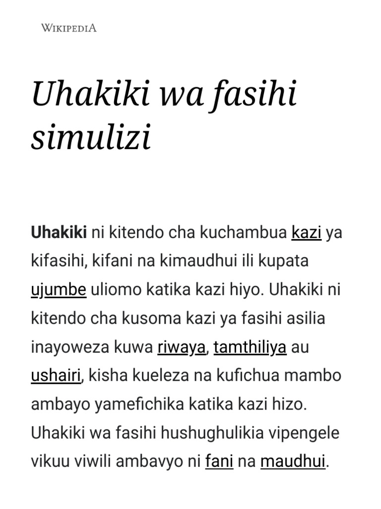 Uhakiki Wa Fasihi Simulizi - Wikipedia, Kamusi Elezo Huru | PDF