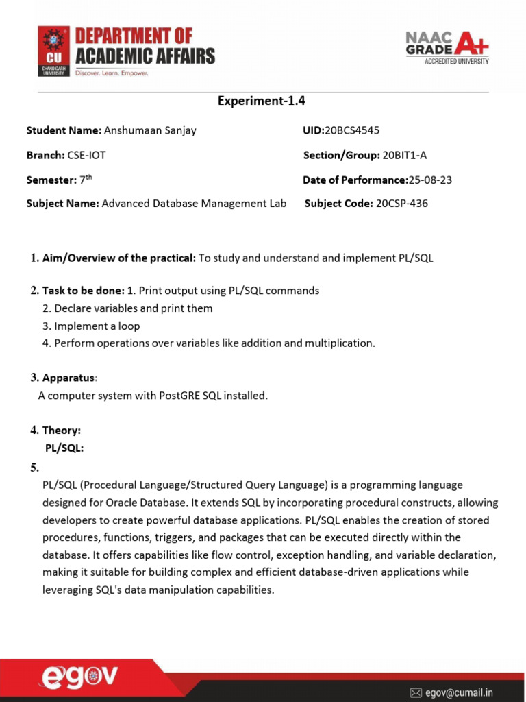 PL/SQL Implementation Lab Experiment | PDF | Computers
