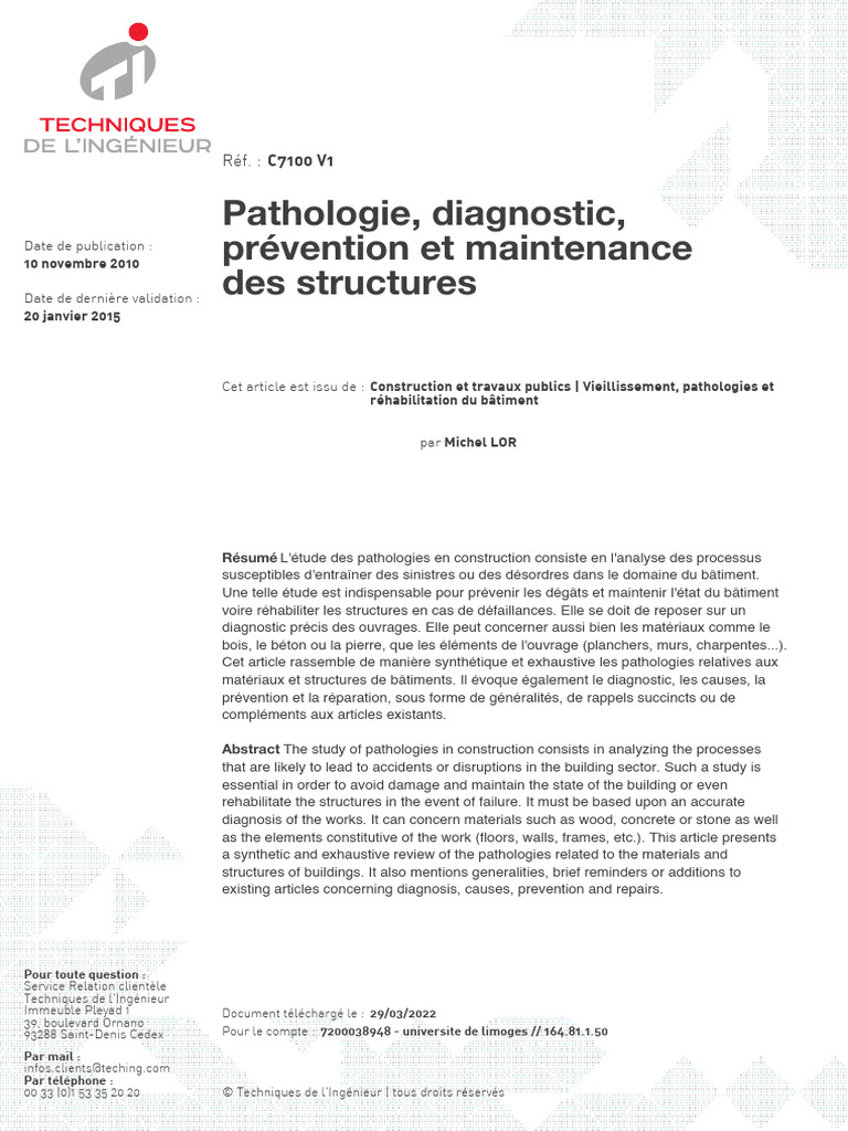 Pathologie diagnostic prévention et maintenance des structures | PDF