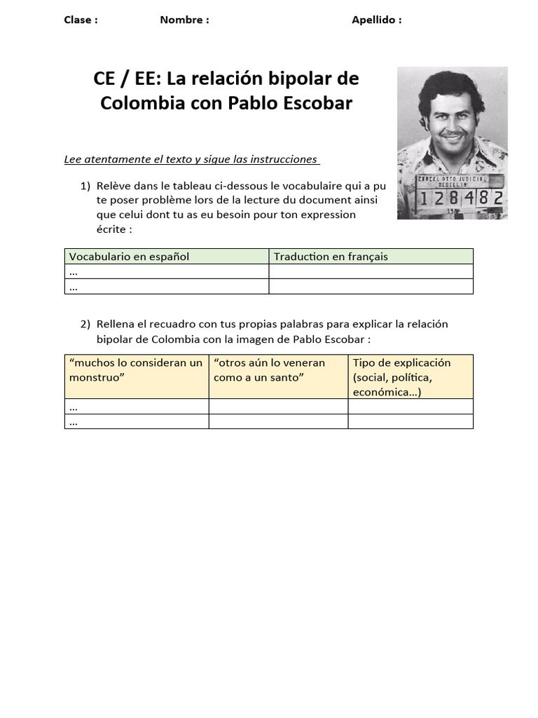 Fiche Travail CE Relacion Bipolar Euntre Colombia y Escobar | PDF