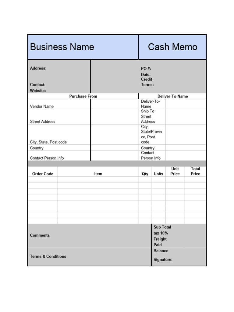 Cash Memo Format in Word | PDF