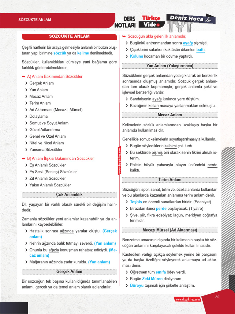 Sozcukte Anlam PDF Ders Notu 2024 Deniz Hoca | PDF