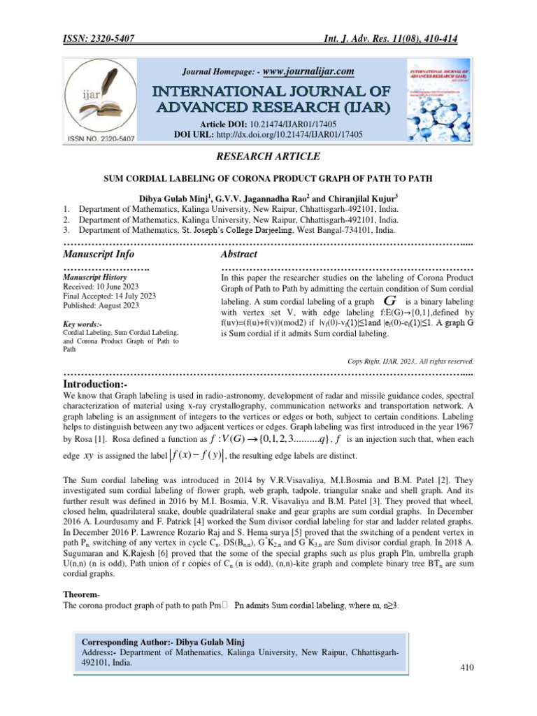 SUM CORDIAL LABELING OF CORONA PRODUCT GRAPH OF PATH TO PATH | PDF