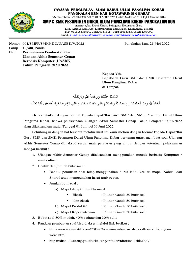 Surat Permohonan Pembuatan Soal UAS Semester Genap 2021-2022-3 | PDF