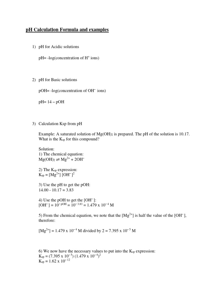 PH Calculation Formula and Examples | PDF