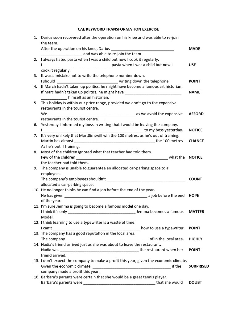 CAE Keyword Transformation Exercise (1) | PDF