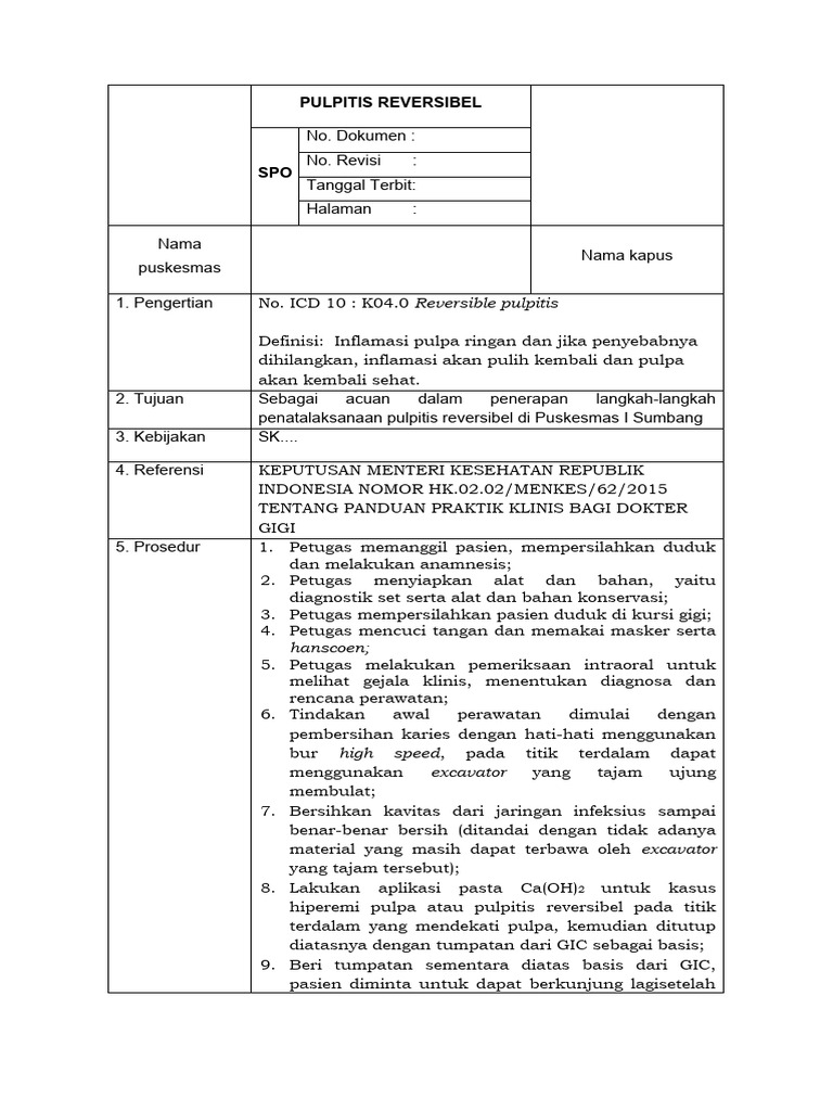 SOP Pulpitis Reversible F | PDF