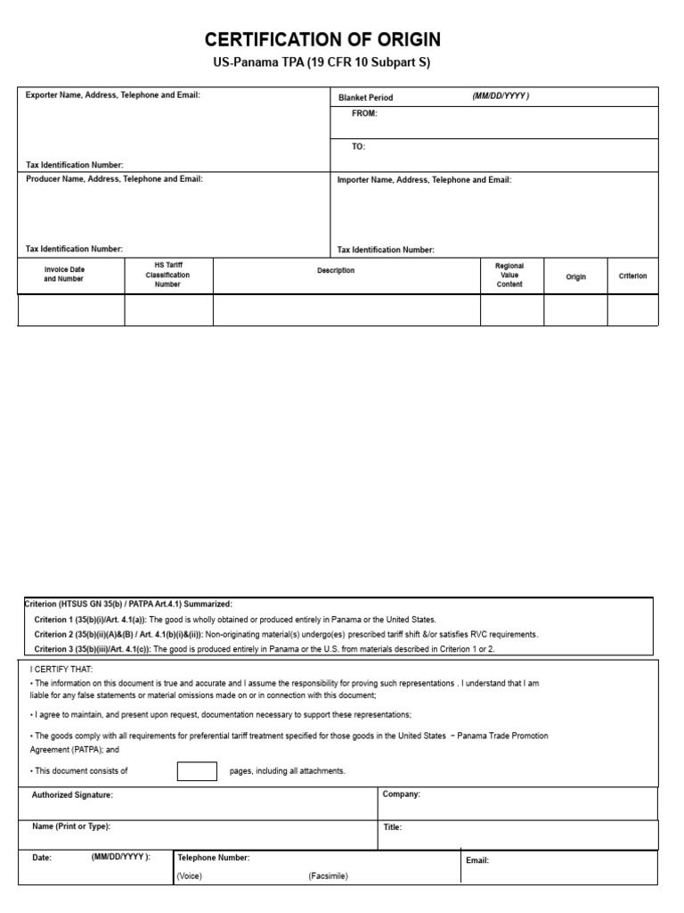 Panama FTA COO | PDF