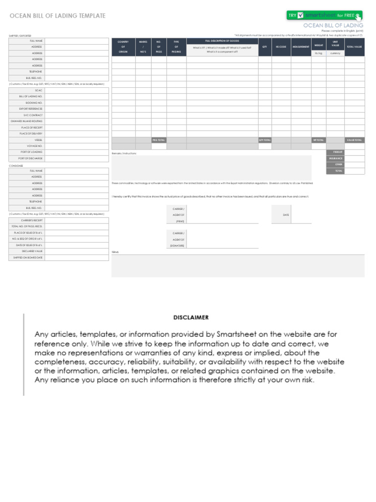 Ocean Bill of Lading Template | PDF