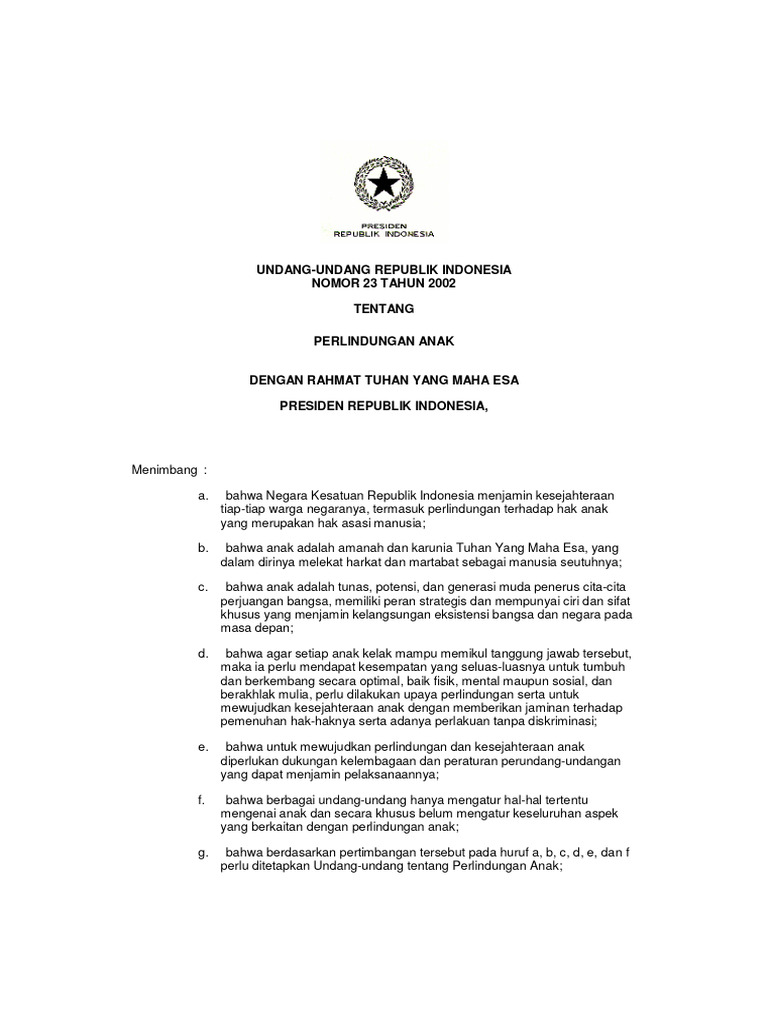 UU No.23 Tahun 2002 TTG Perlindungan Anak | PDF