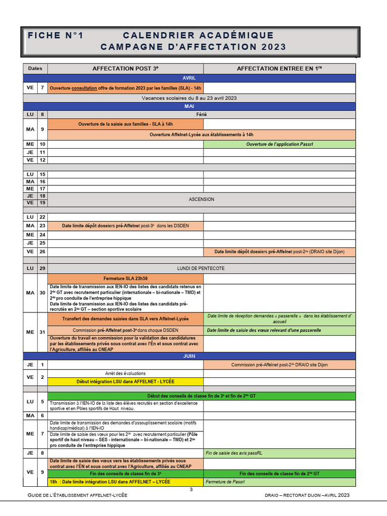 Fiche n°1 - Calendrier académique - campagne d'affectation 2023 | PDF