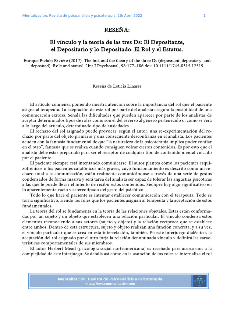 RESEÑa - El Vínculo y La Teoría de Las Tres Ds | PDF