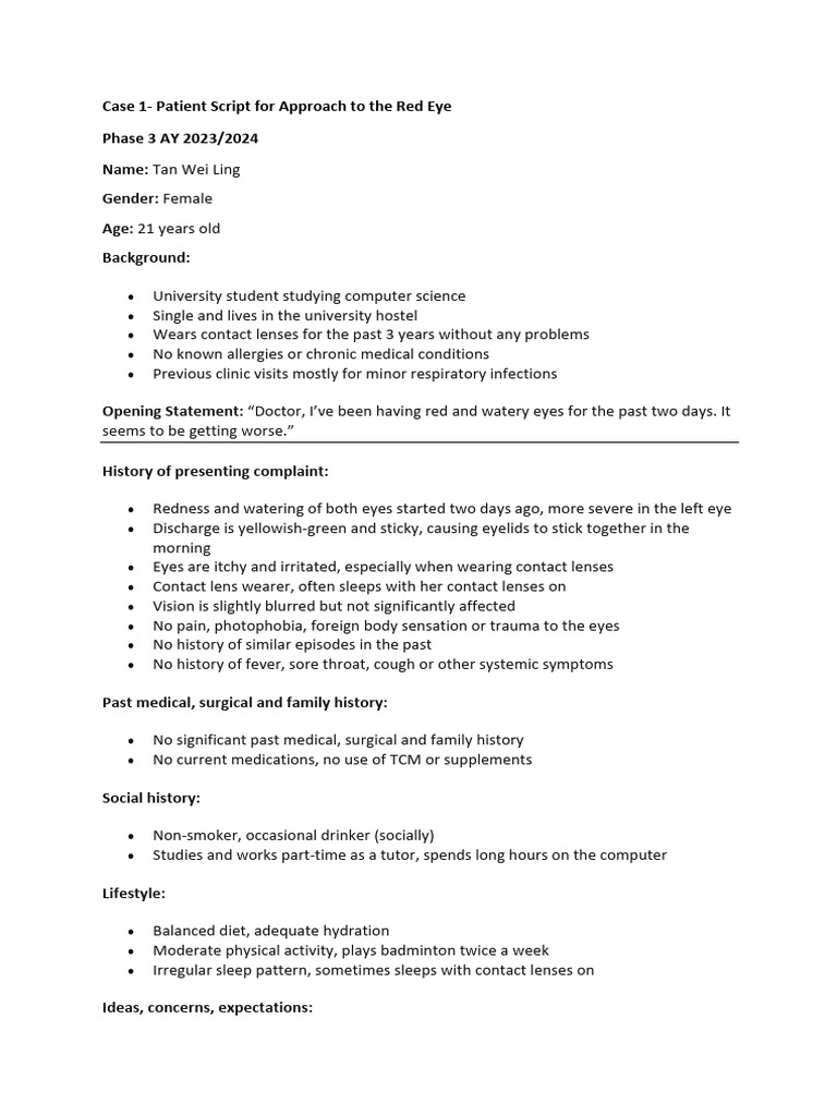 Patient Script - Case 1 Approach To Red Eye 2023 | PDF | Wellness ...