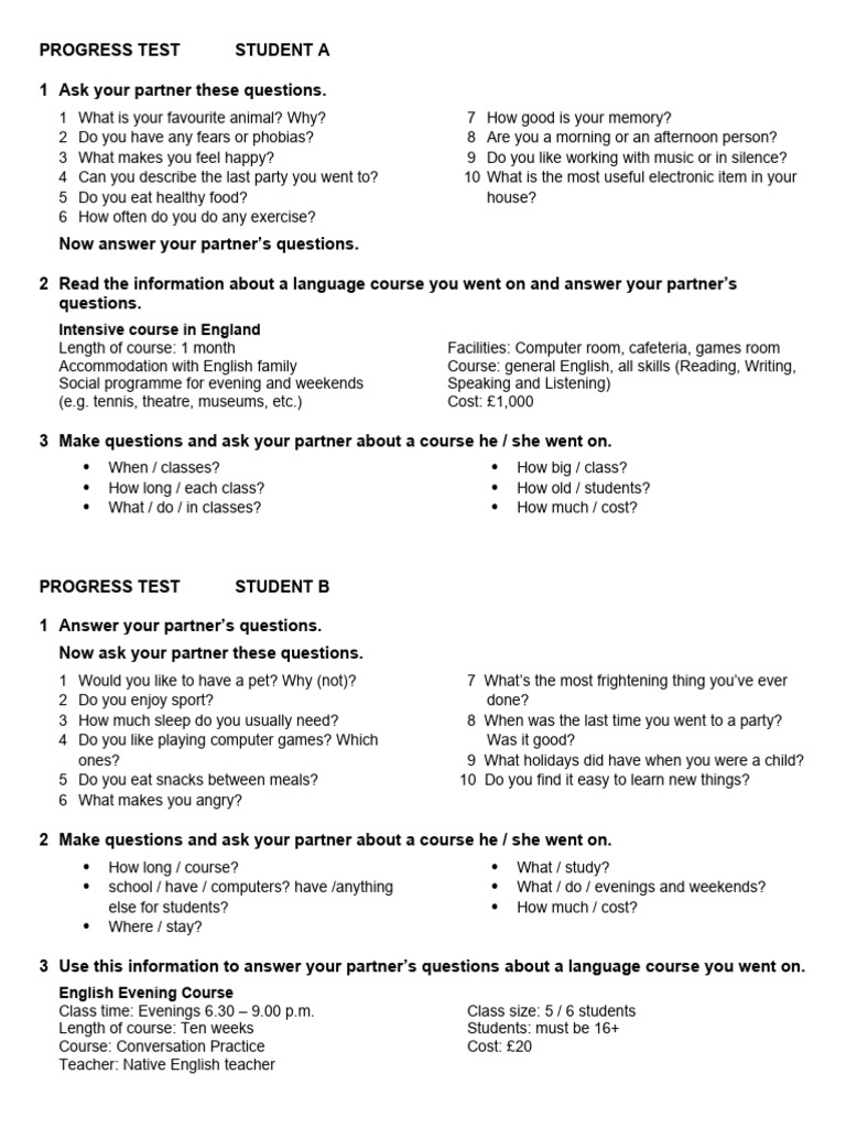 A2 Speaking - PROGRESS TEST | PDF