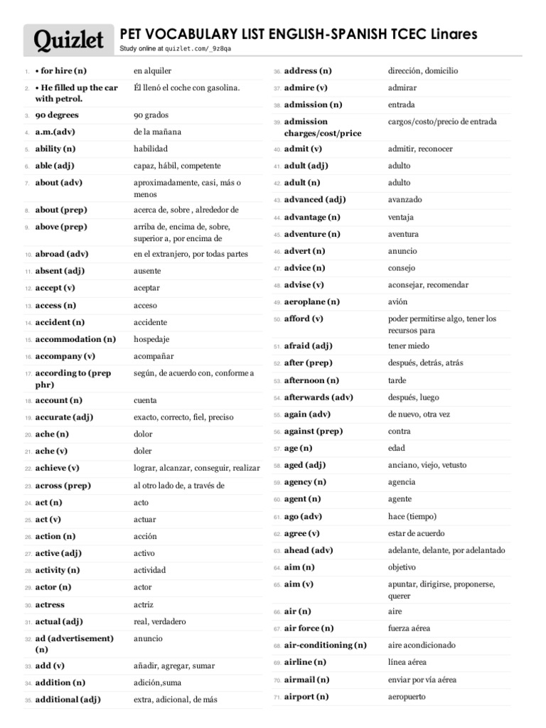 New List b1 Vocabulario Pet Vocabulary List | PDF