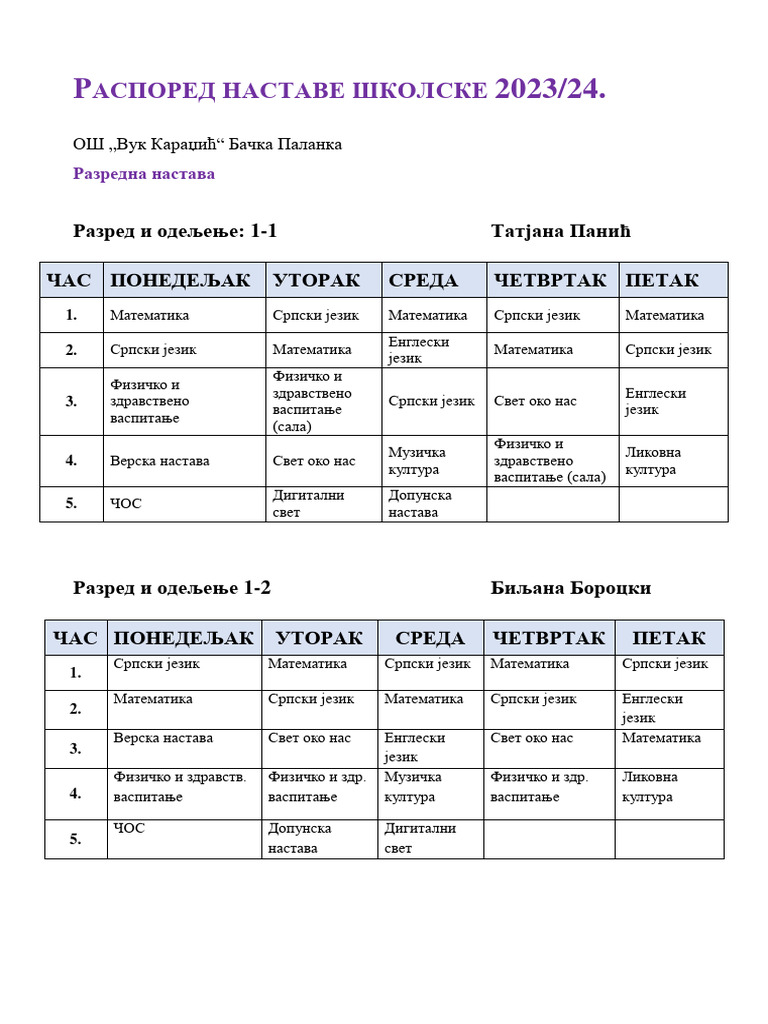 Raspored Casova 2023 24 | PDF