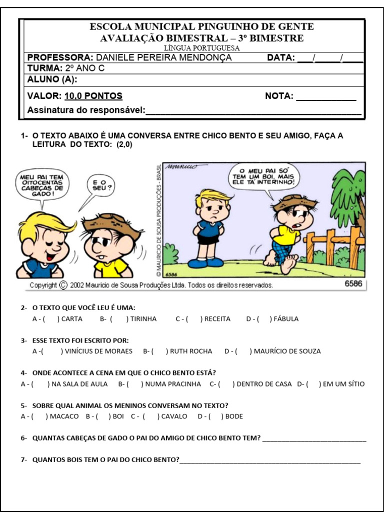 Avaliação Língua Portuguesa 2º Ano - 3º Bimestre | PDF