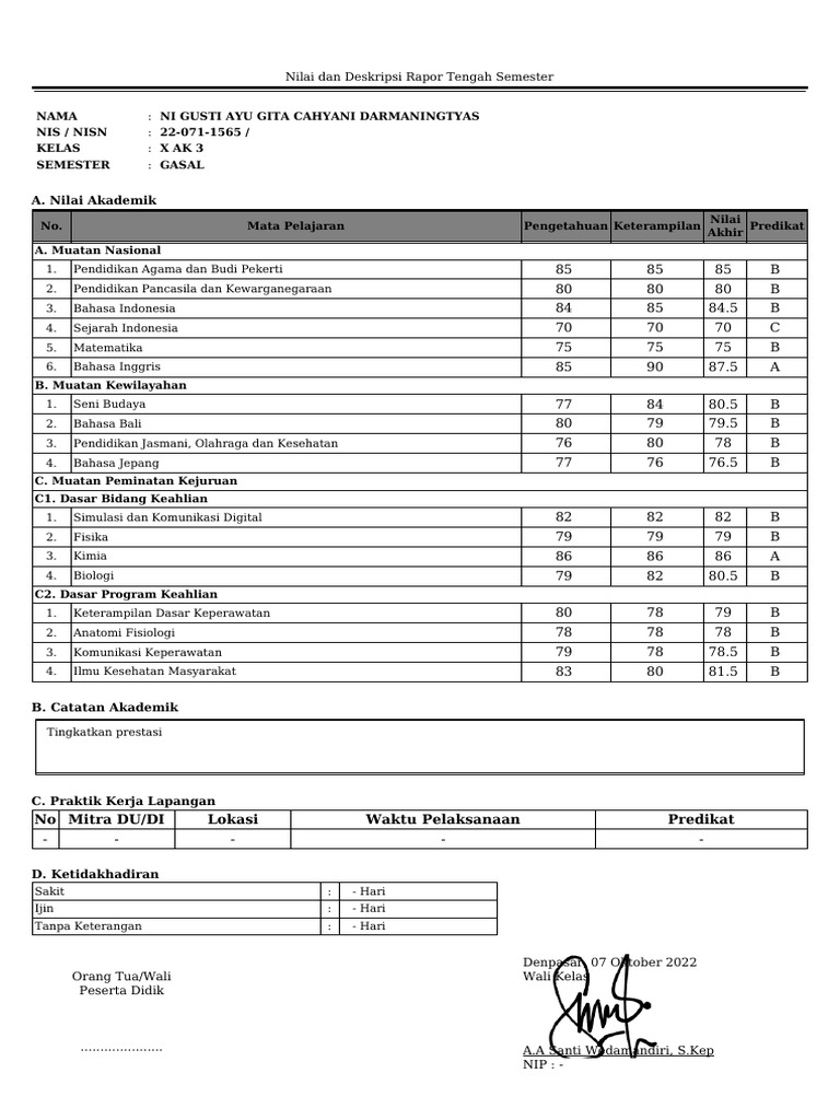 Rapor Tengah Semester Ni Gusti Ayu Gita | PDF
