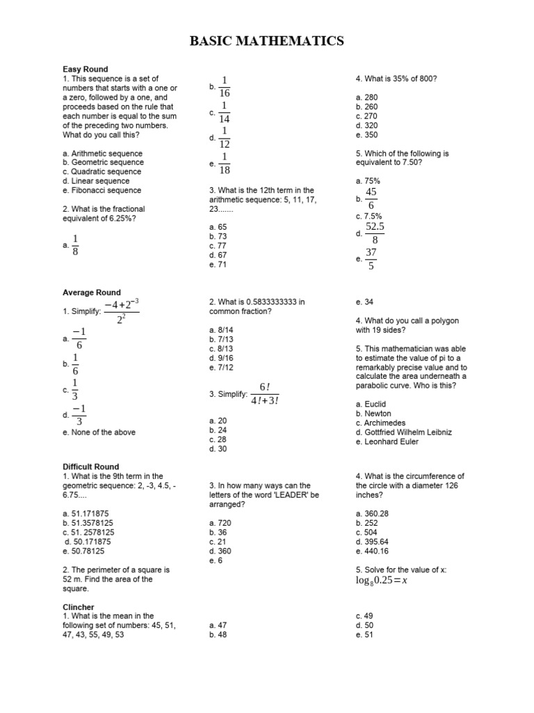 Basic Mathematics Sample Questions and Answers | PDF