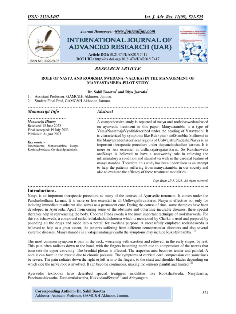 Role of Nasya and Rooksha Swedana (Valuka) in The Management of ...