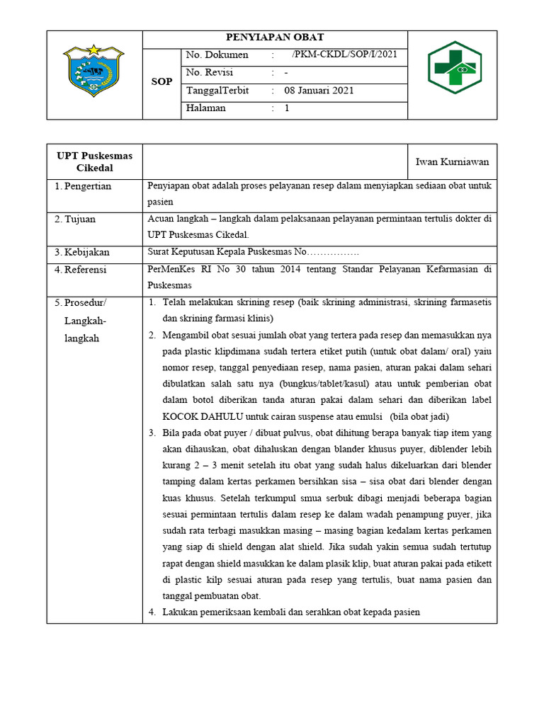 Sop Penyiapan Obat | PDF | Pengembangan Diri | Kesehatan Holistik