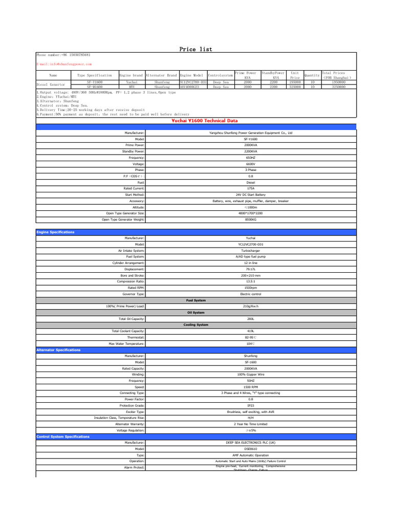 2000KVA diesel generator price list | PDF