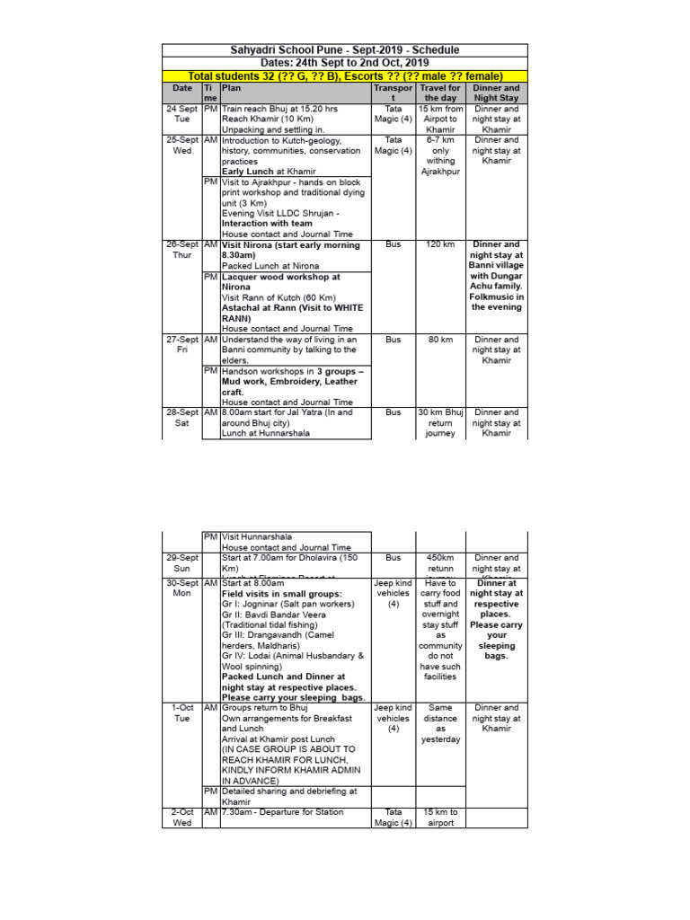 Sahyadri School Pune Trip Schedule 2019 | PDF
