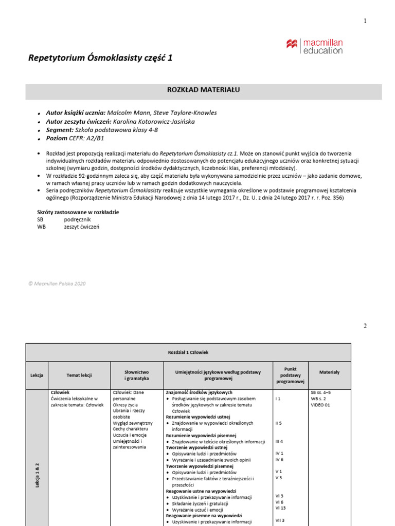 Repetytorium Osmoklasisty Cz1 ROZKLAD MATERIALU | PDF