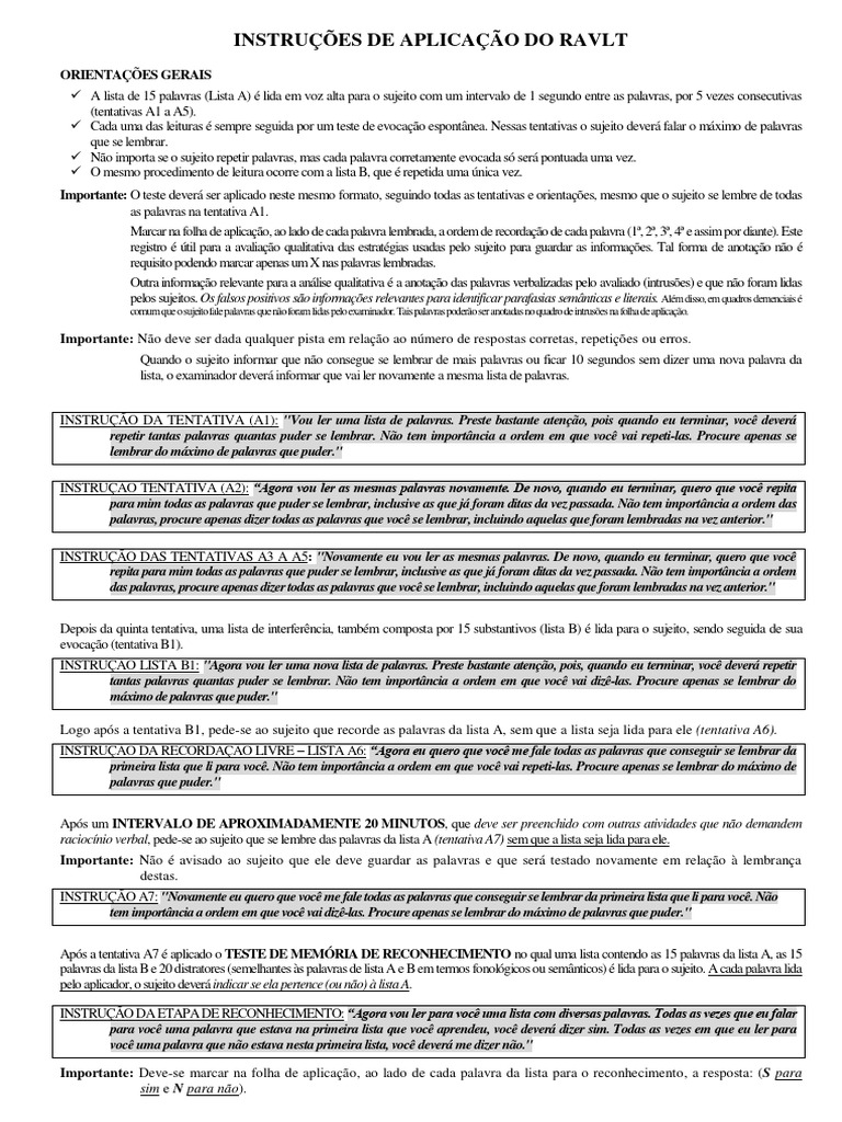INTRUÇÕES DO RAVLT - manual Brasil | PDF
