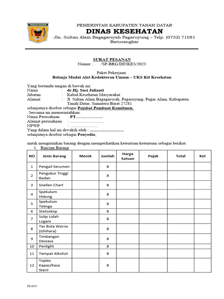 Surat Pesanan Uks Kit Kesmas 2023 | PDF