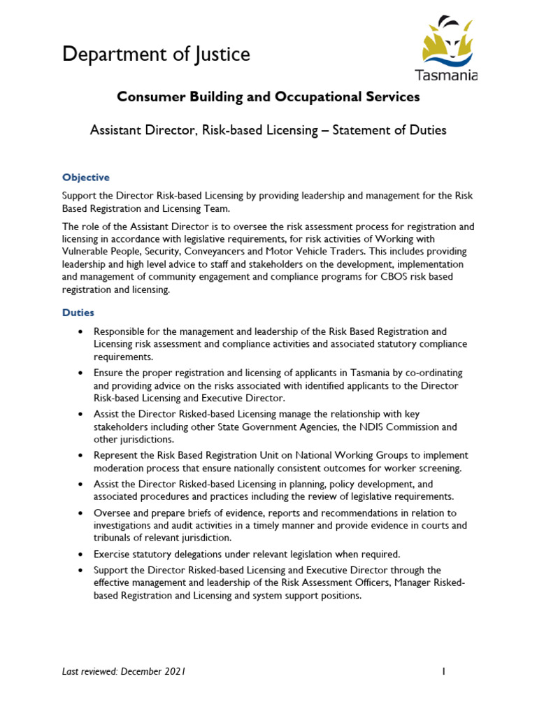 Statement of Duties (Generic) Assistant Director Risk-Based Licensing | PDF