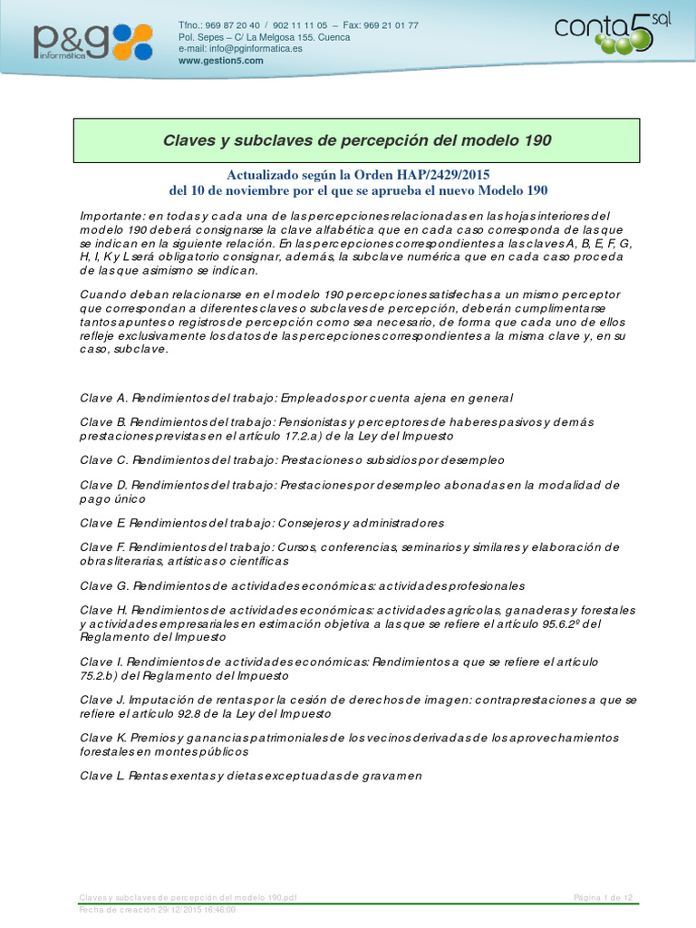 Claves y Subclaves de Percepcion Modelo 190 | PDF